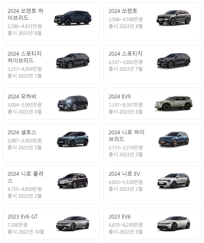 기아차 종류 SUV/세단 : 2024년식 최신 신차 가격 리스트 - 카인포유